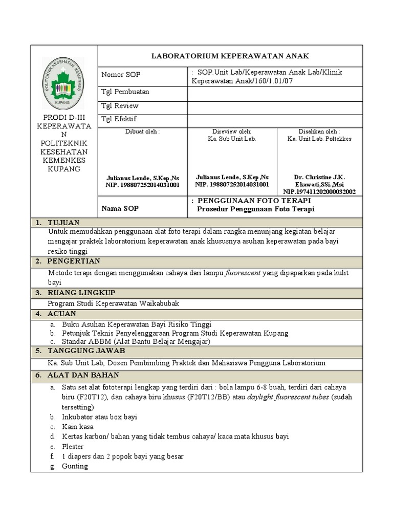SOP Penggunaan Foto Terapi Bayi | PDF