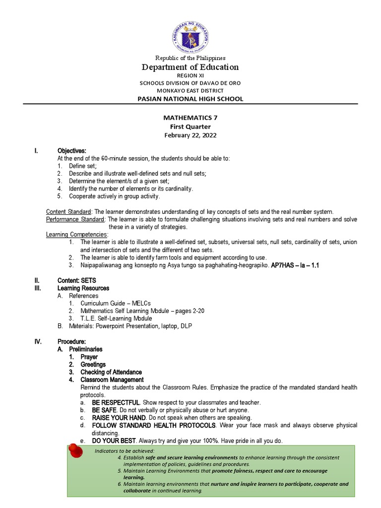 Lesson Plan For Sets | PDF | Learning | Curriculum