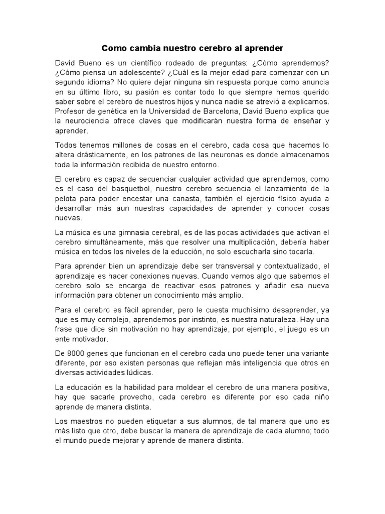 Como Cambia Nuestro Cerebro Al Aprender Pdf Aprendizaje Cerebro