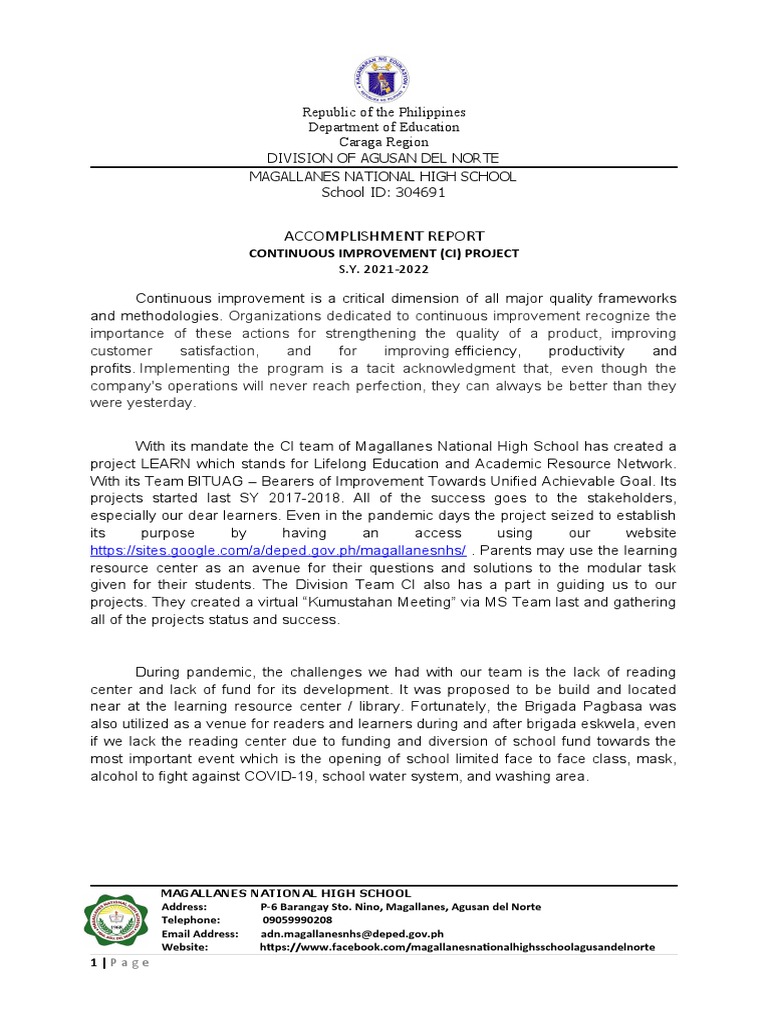 Accomplishment Report: Continuous Improvement (Ci) Project | PDF ...