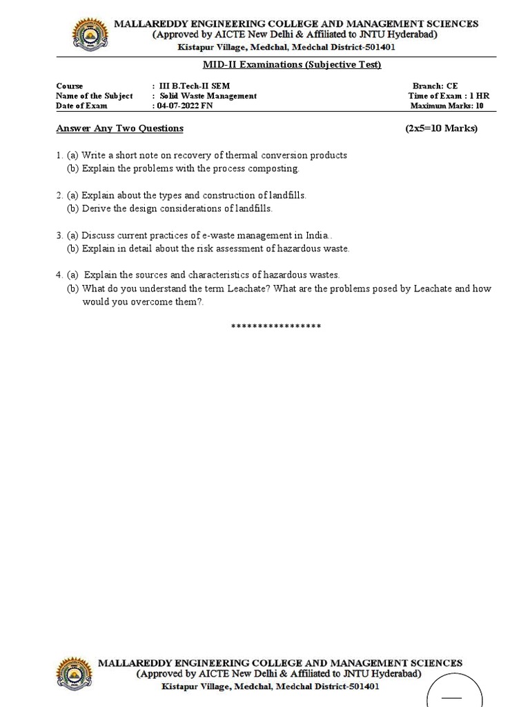 MID-II Paper SWM IV-II | Download Free PDF | Landfill | Waste