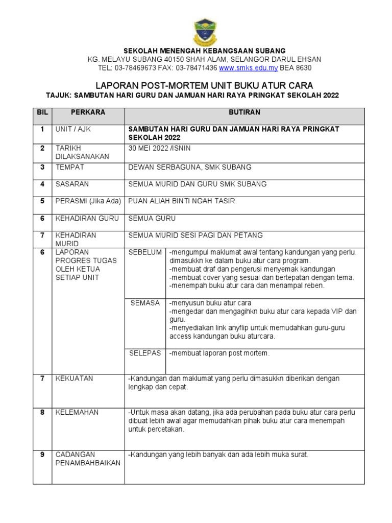 Borang Post Mortem Buku Atur Cara Raya Dan Hari Guru | PDF