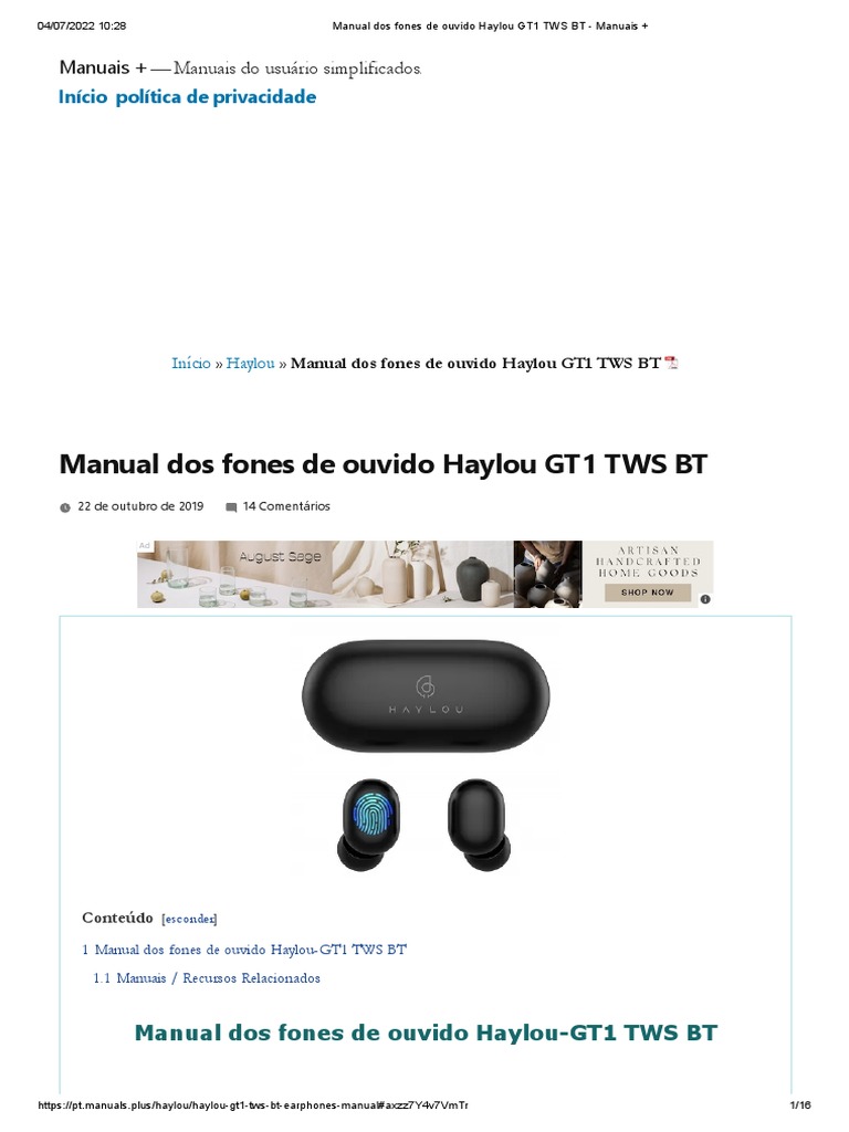 Manual Haylou GT1 TWS BT: Guia Completo | PDF | Fones de ouvido | Eletrônicos