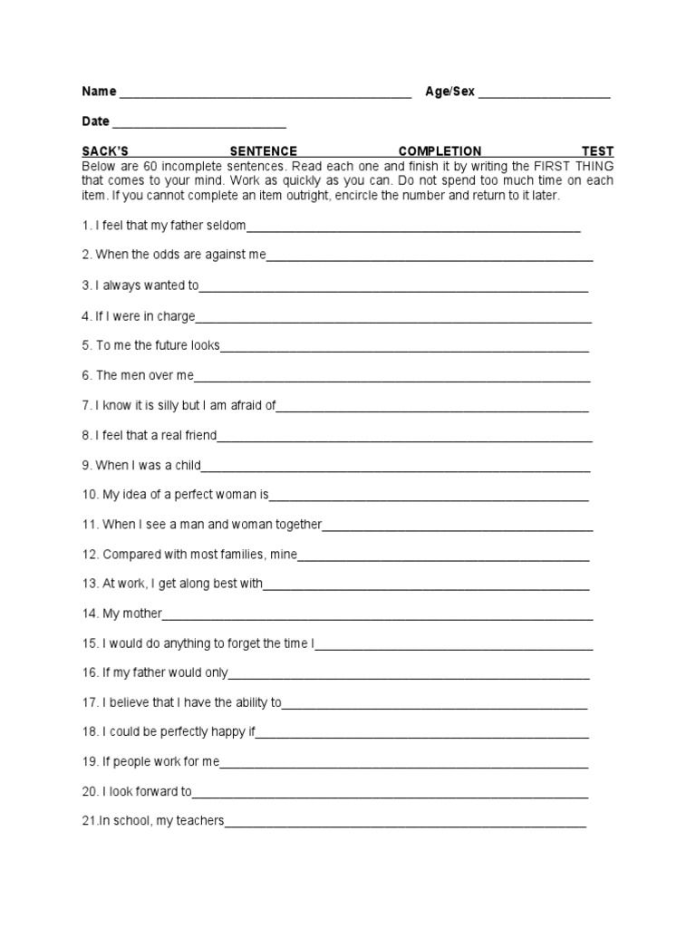 Sacks Sentece Completion Test | PDF