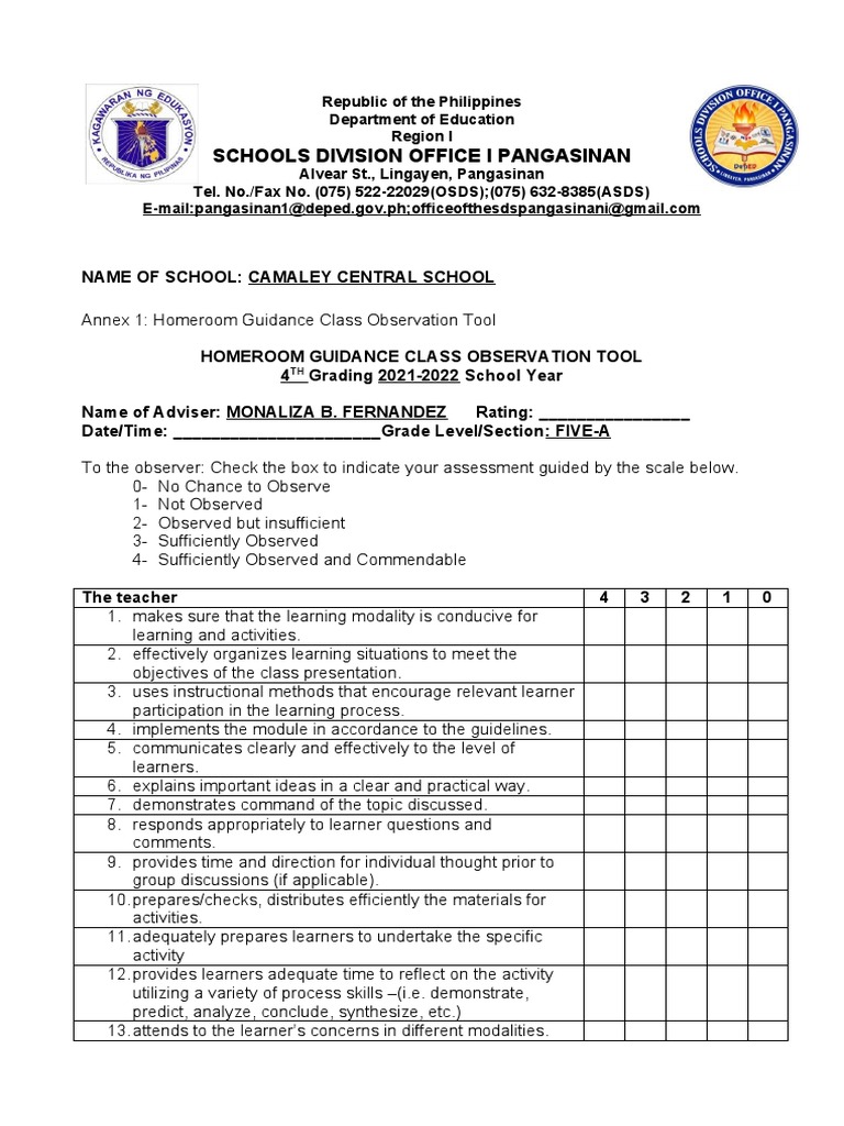 Annex 1 HG Class Observation Tool Sample SY 2021 2022 | PDF | Learning ...