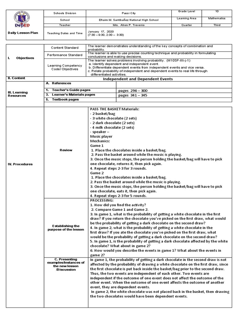 Independent and Dependent Events | PDF | Learning | Probability