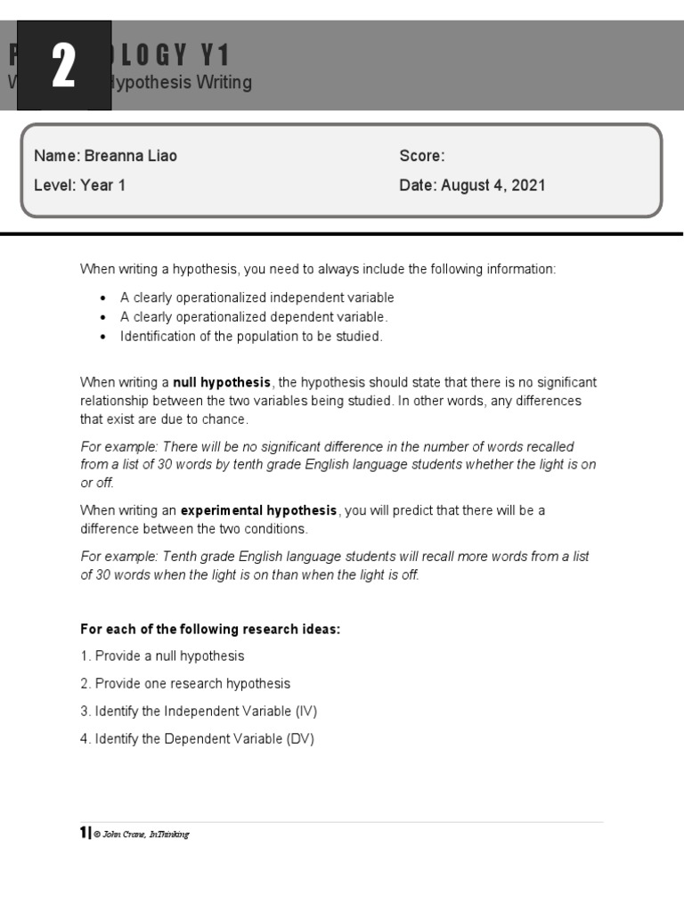 Psychology Y1: Worksheet: Hypothesis Writing | PDF | Hypothesis | Null ...