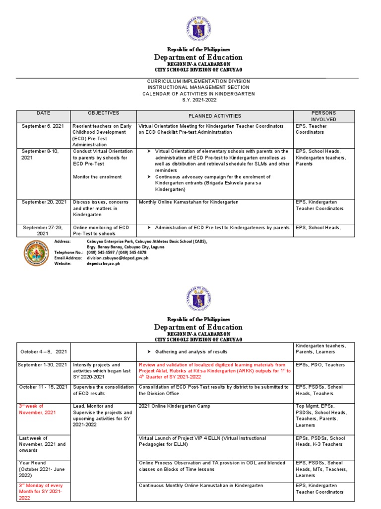 Calendar of Activities Kinder Villanueva 2021 2022 | PDF | Kindergarten ...
