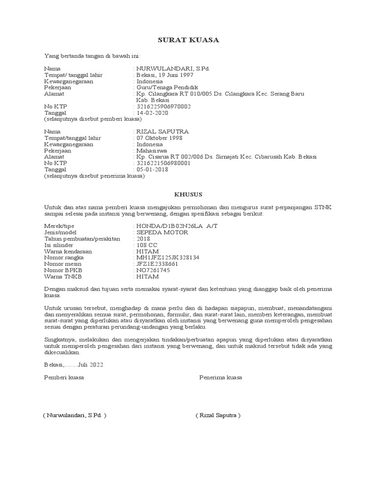 Surat Kuasa Perpanjang STNK | PDF