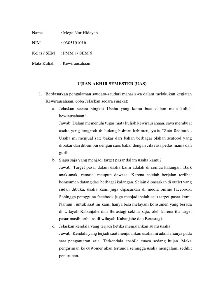 Uas Kwu - Mega Nur Hidayah - 0305191016 - Pmm1-Sem6 | PDF | Karier ...