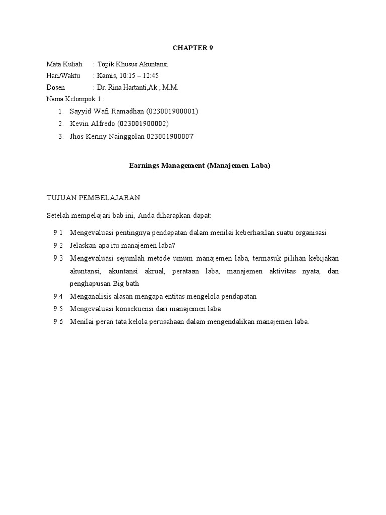 Earnings Management - CH 9 - Kelompok 1 | PDF