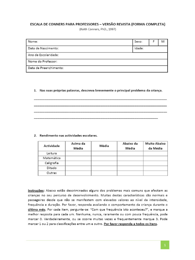 Escala de Conners para Professores - Versão Revista (Forma Completa) | PDF