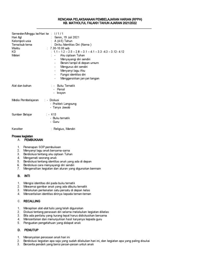 RPPH TK A Tema Diriku Semester 1 | PDF