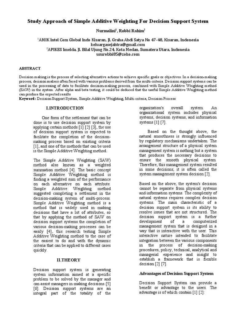 Study Approach of Simple Additive Weighting For Decision Support System | Download Free PDF ...