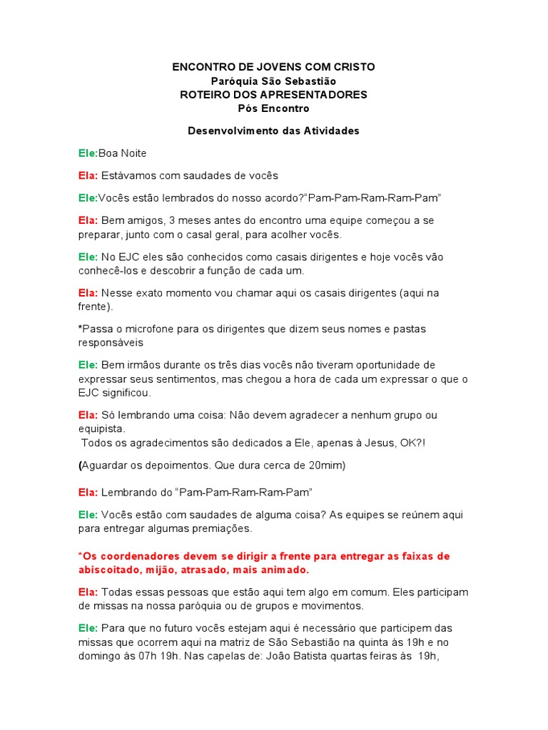 Roteiro Do Pós Encontro EJC Moreno | PDF | Missa (liturgia)