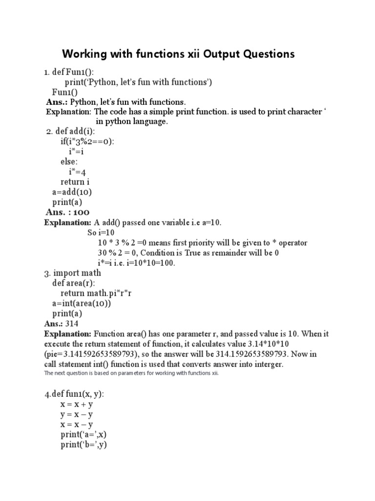 Working With Functions Xii Output Questions Pdf Parameter Computer