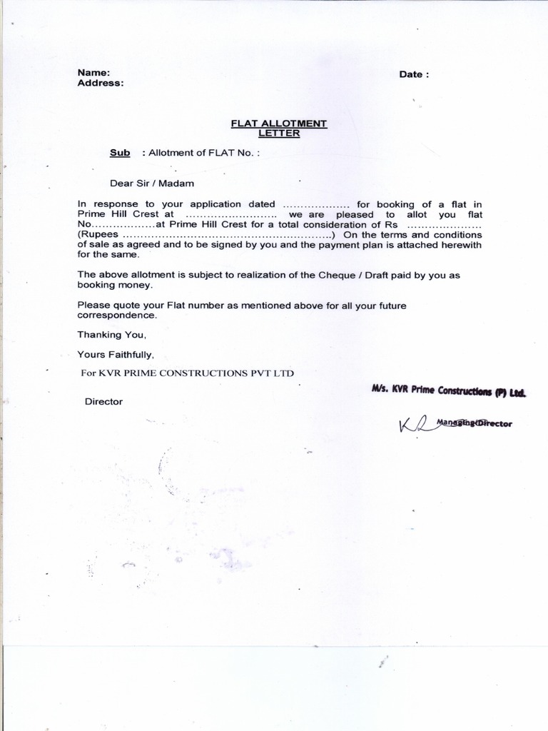 Allotment Letter Proforma | PDF