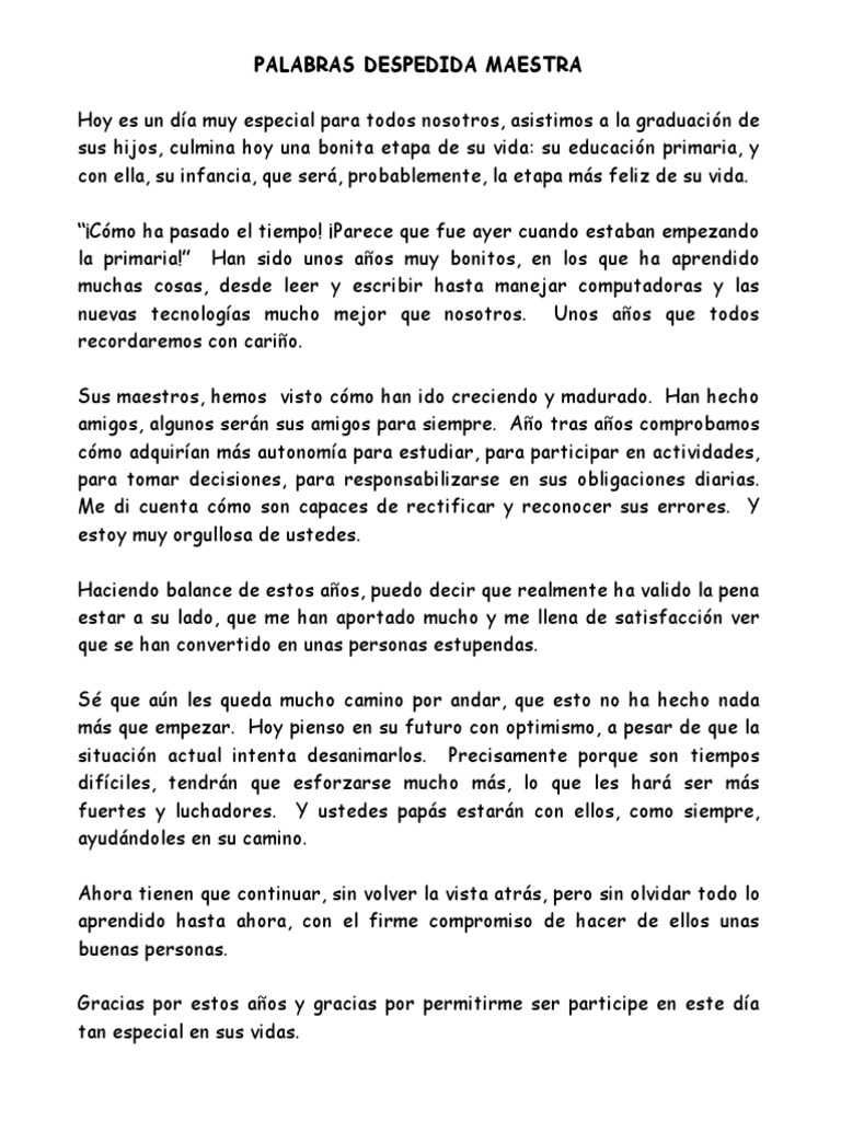 Un mensaje de despedida y orgullo de una maestra hacia sus alumnos | PDF