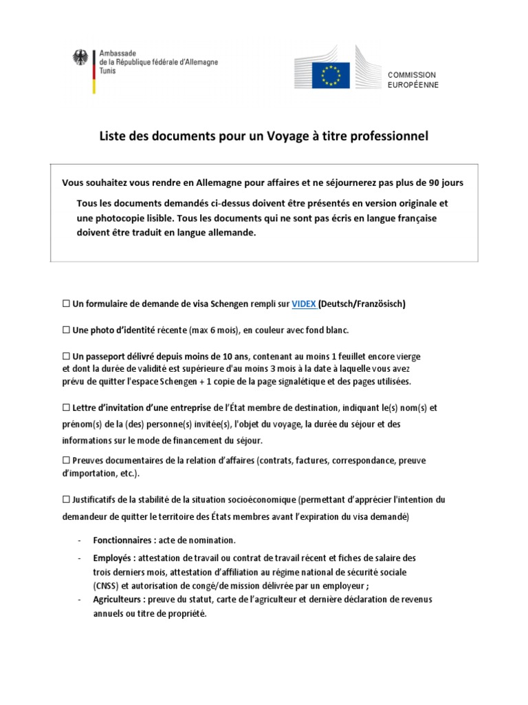 Liste des documents pour voyage pro | PDF | Visa (Document)