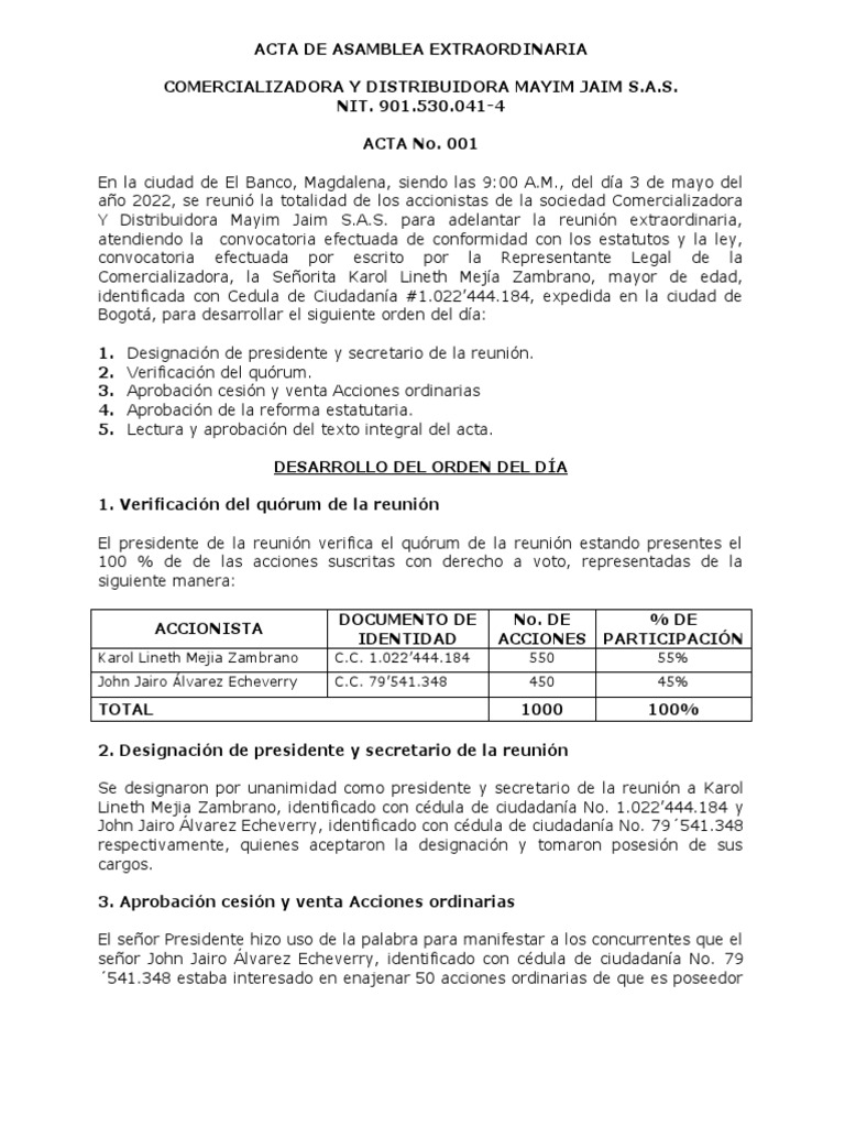 Modelo Acta Venta Acciones S.A.S. | PDF | Gobierno