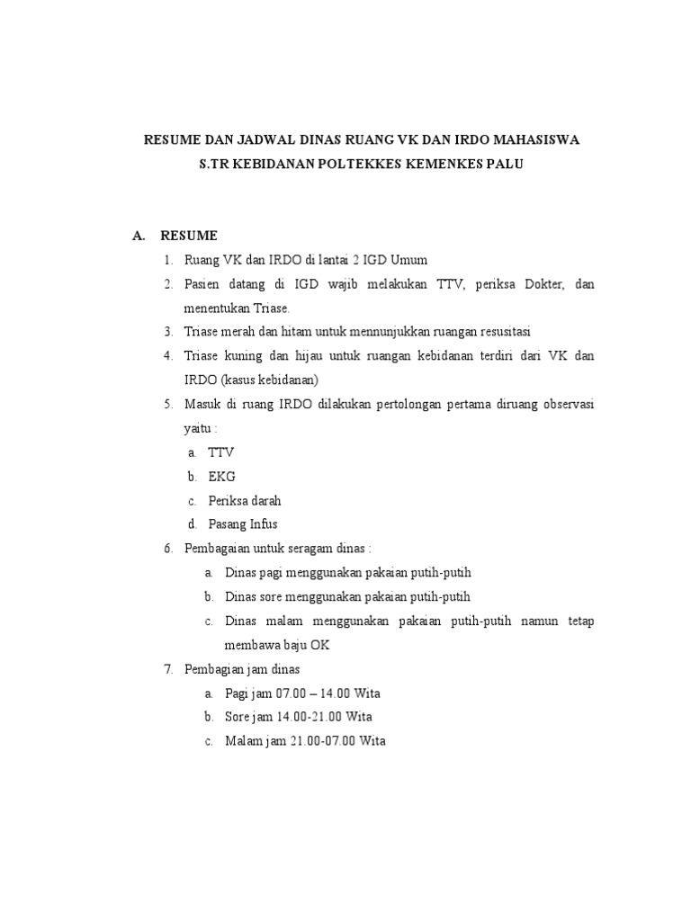 Resume Dan Jadwal Dinas Ruang VK Dan Irdo Mahasiswa S | PDF