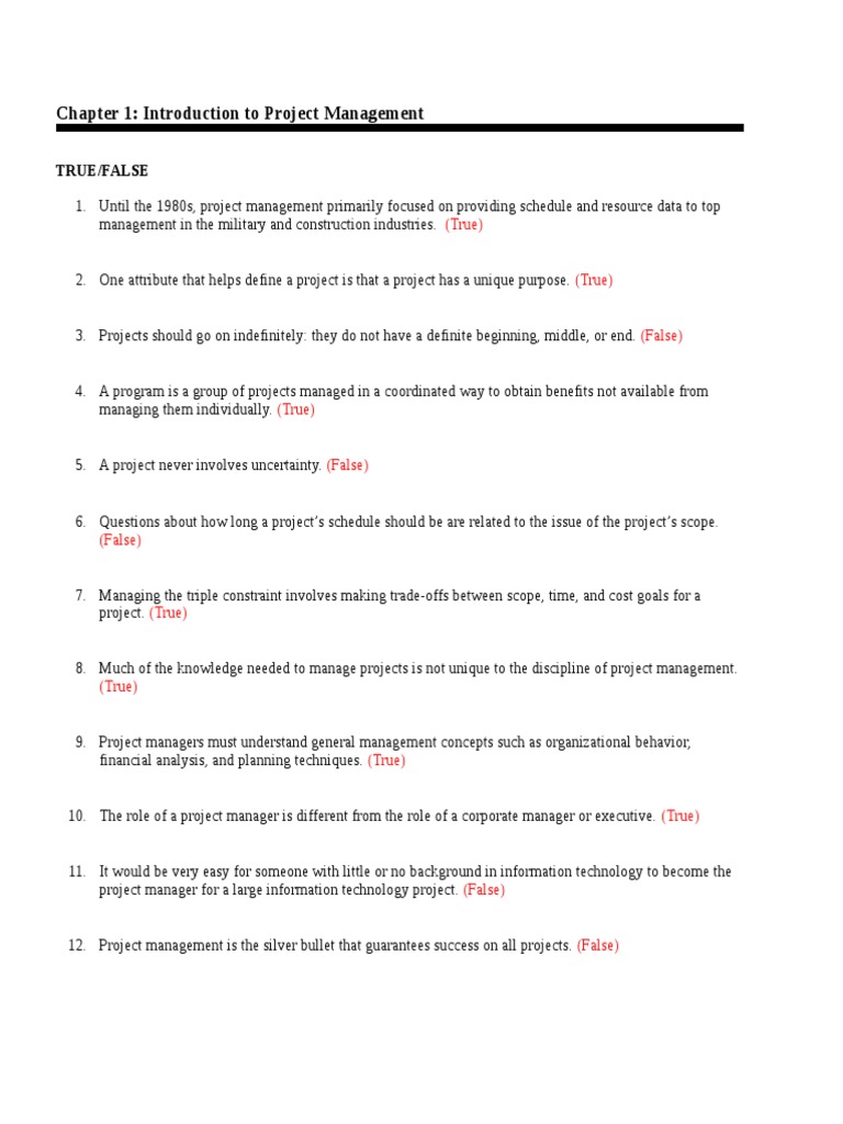 Chapter 1: Introduction To Project Management: (True) | Download Free PDF | Project Management ...