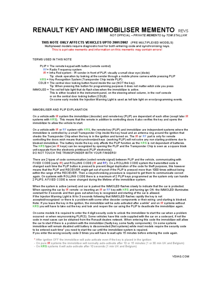 Renault Immo Key Memento | PDF | Remote Control | Automobiles