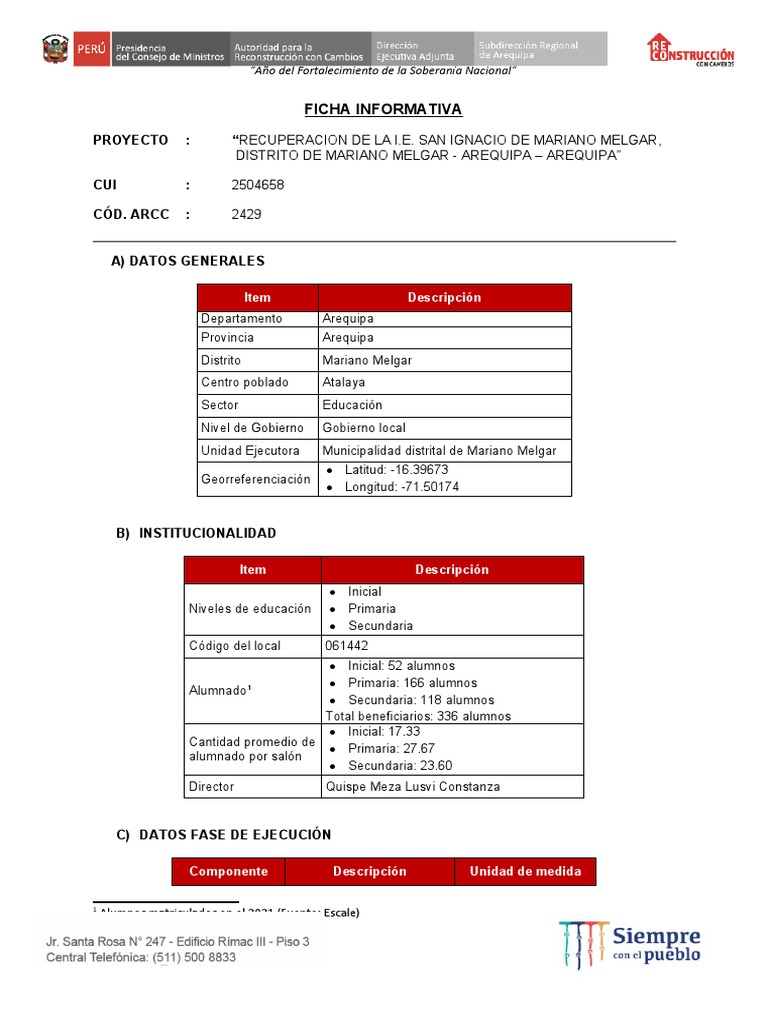 Ficha Informativa - Colegio San Ignacio - Proyecto CUI 2504658 | PDF