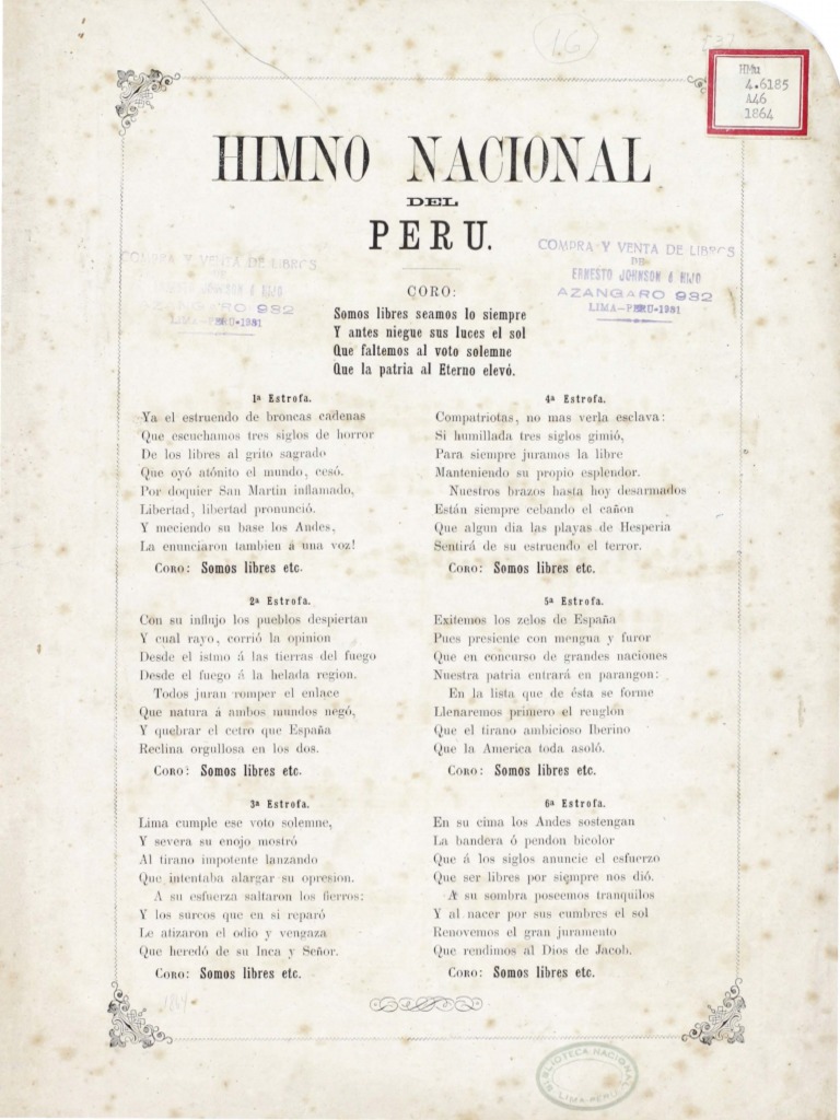 Himno Nacional Del Peru Jose Bernardo Alcedo 18 | PDF | Himnos ...