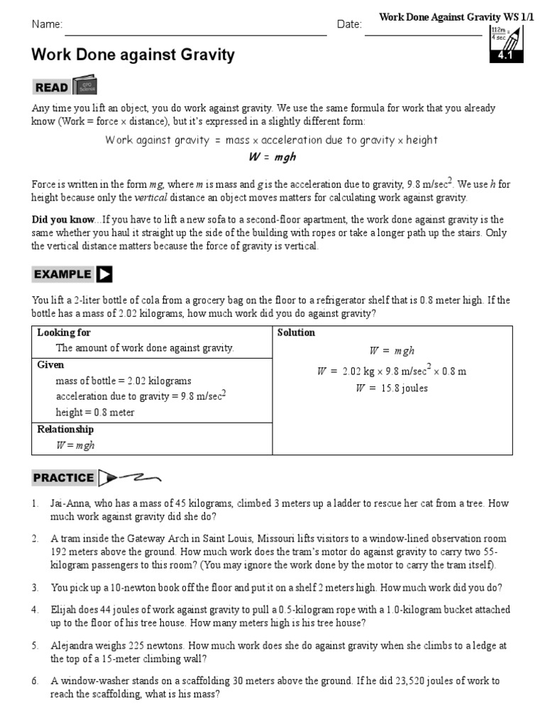 Work Done Against Gravity: W MGH | PDF | Gear | Mass