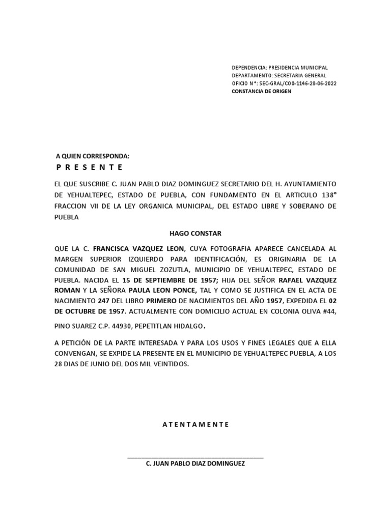 Constancia de Origen Francisca Vazquez | PDF Constancia de Origen Francisca Vazquez | PDF