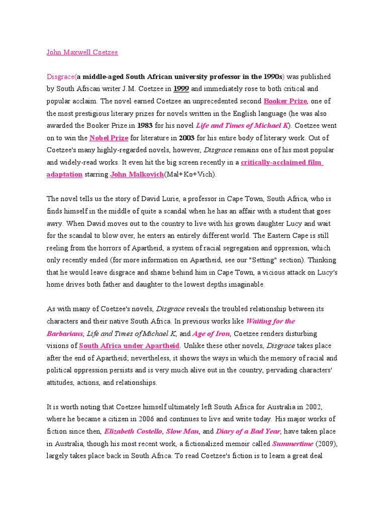 Coetzee's Disgrace Explores Universal Themes of Shame | PDF