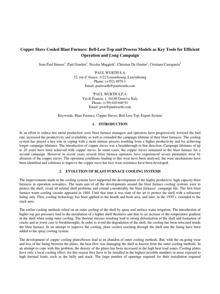 Copper Stave Cooled Blast Furnace - Bell-Less Top and Process Models As ...