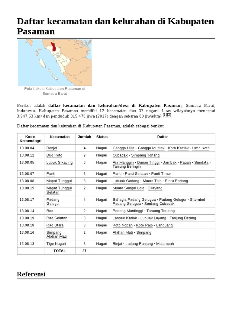 Daftar Kecamatan Dan Kelurahan Di Kabupaten Pasaman | PDF