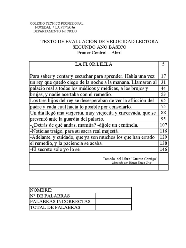 Evaluación de Velocidad Lectora 2° Básico | PDF