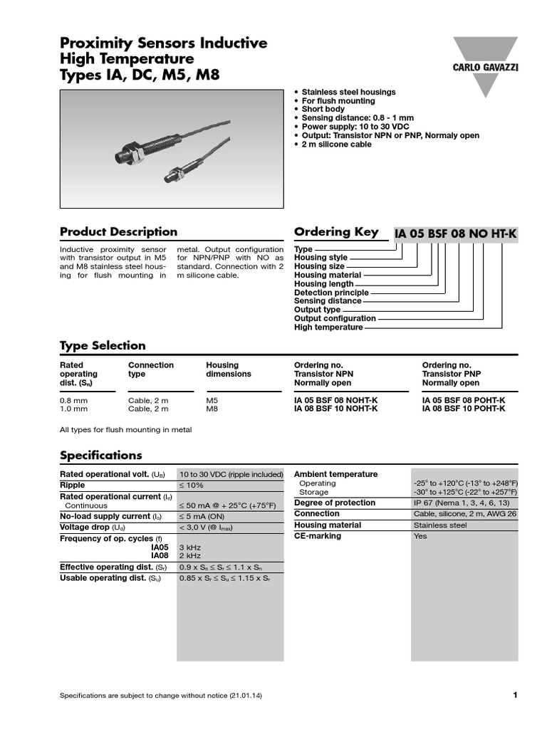 High Temperature Proximity Sensors Inductive: Product Description ...
