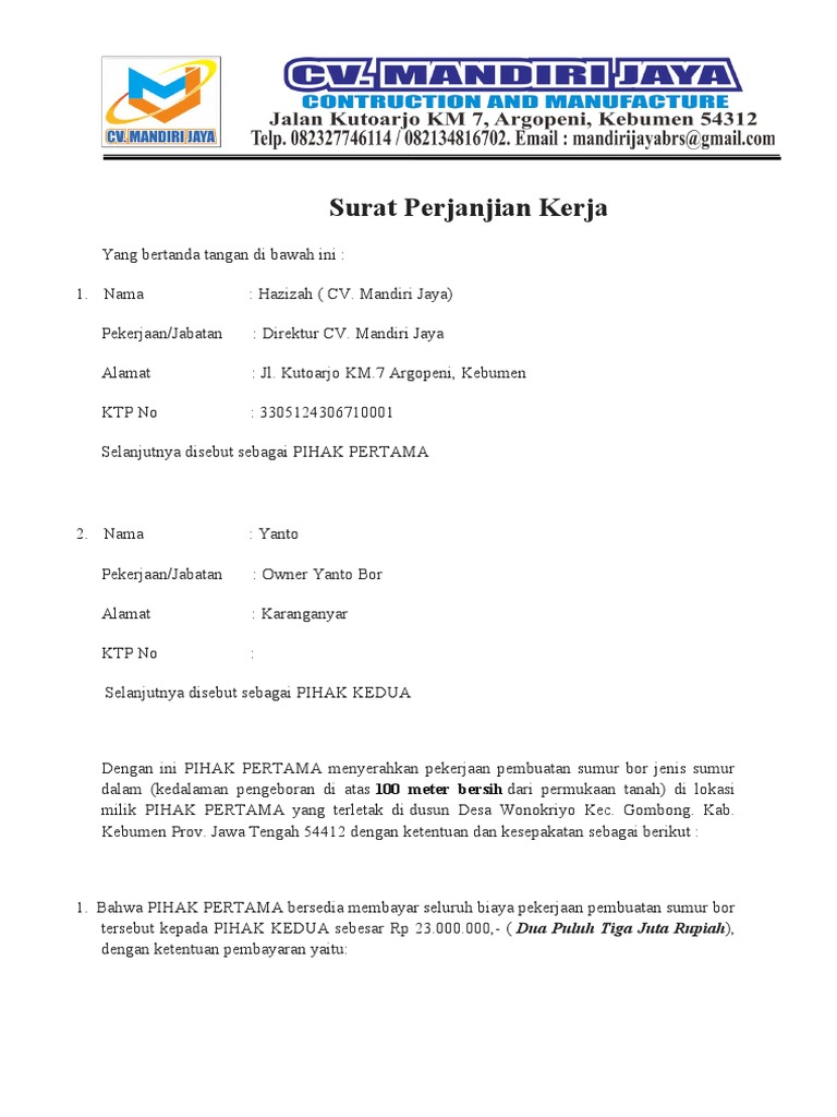 Surat Perjanjian Kerja Sama Sumur Bor Wonokriyo | PDF | Griya & Taman