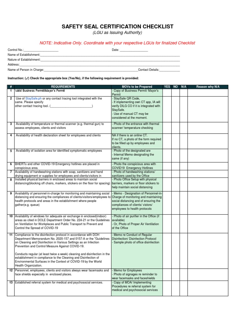 Safety Seal Certification Checklist: (LGU As Issuing Authority) | PDF ...