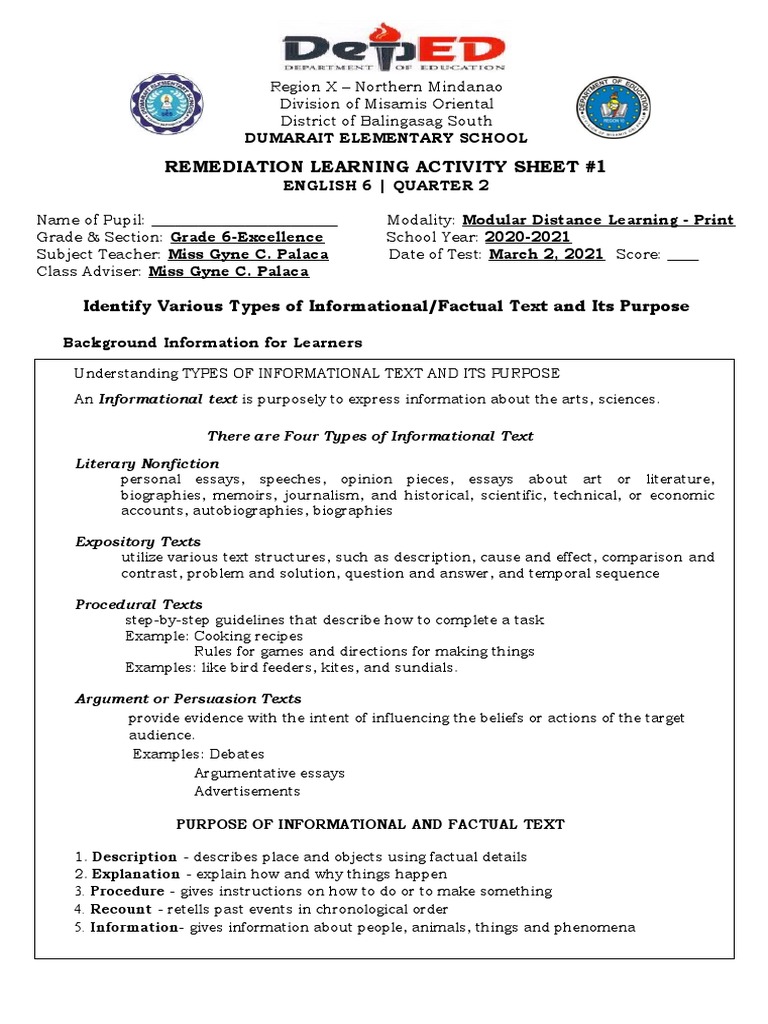 Remediation Learning Activity Sheet #1: Identify Various Types of ...