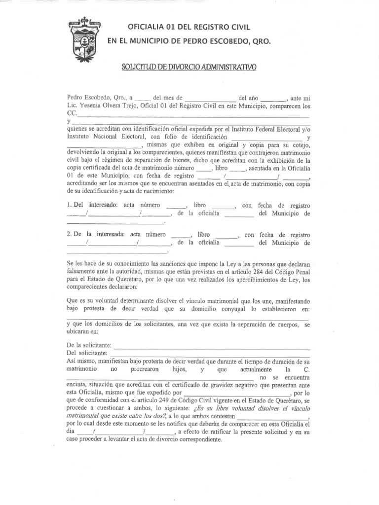 Formato De Solicitud De Divorcio Administrativo Actualizado Junio 2022