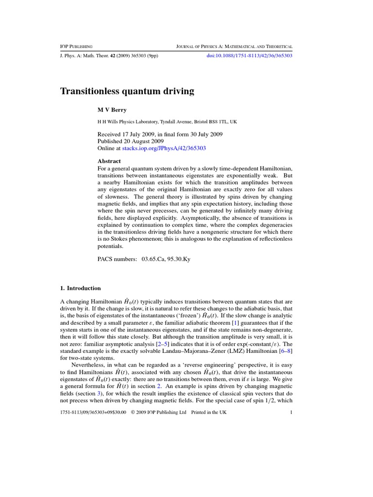Transitionless Quantum Driving: M V Berry | PDF | Spin (Physics ...