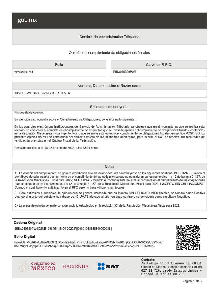 Opinión de Cumplimiento SAT 18 Abr 2022 | PDF | Gobierno