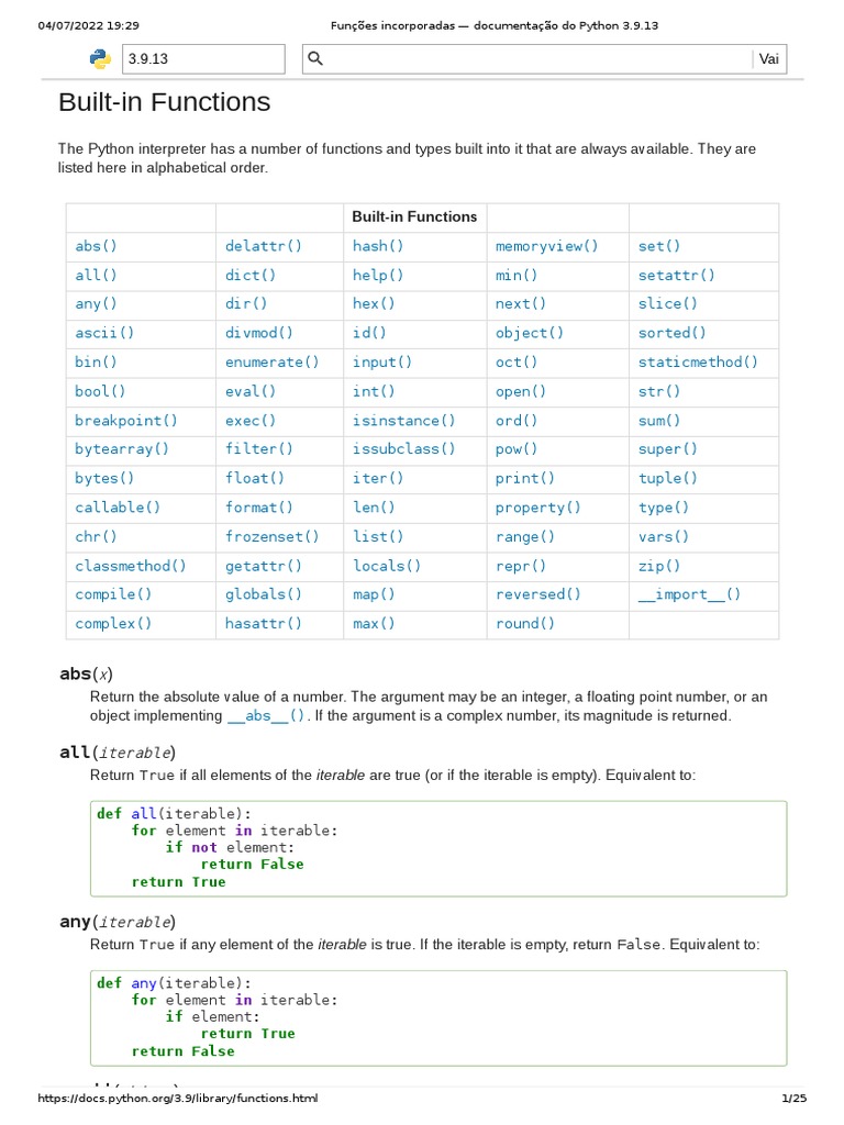 Funções Incorporadas - Documentação Do Python 3.9.13 | PDF | Método ...