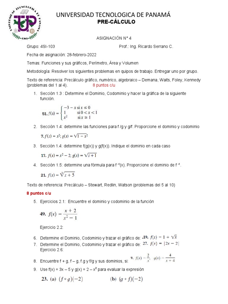 Problemas de Pre-Cálculo: Funciones y Geometría | PDF | Matemáticas ...