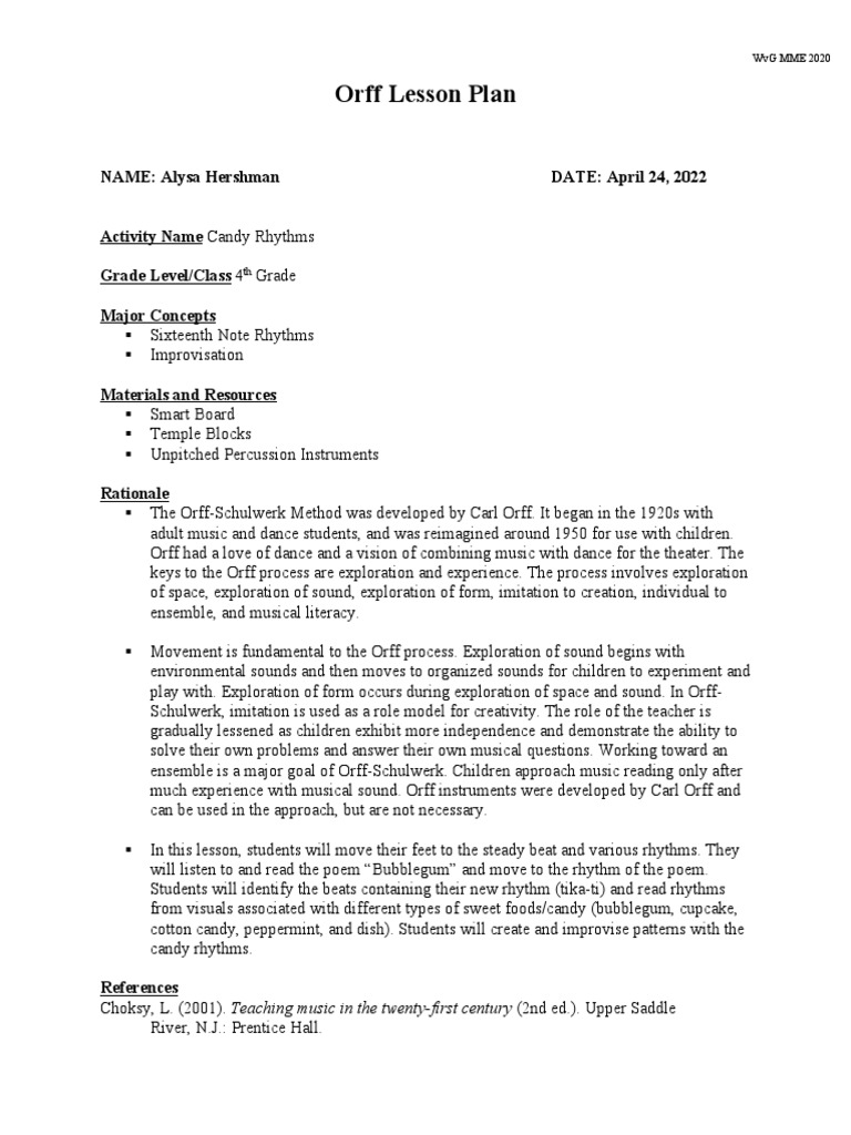 Orff Lesson Plan | PDF | Cognition | Learning