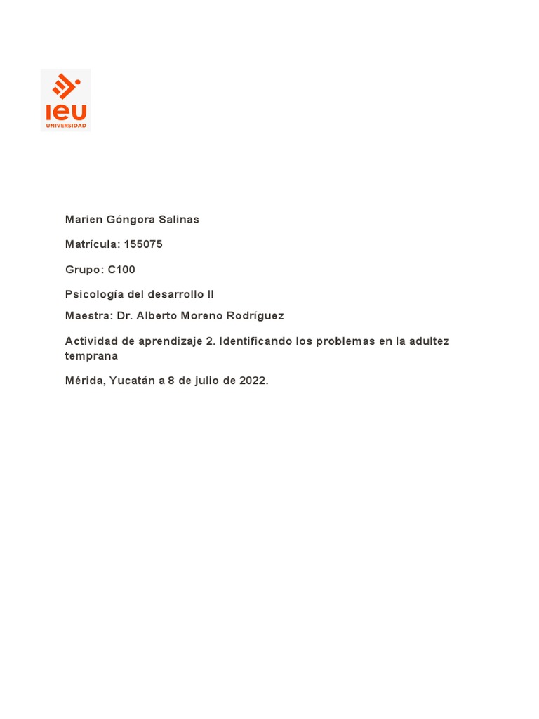 Psic. Del Desarrollo II. Act. 2 Identificando Los Problemas en La Adultez Temprana. | PDF ...