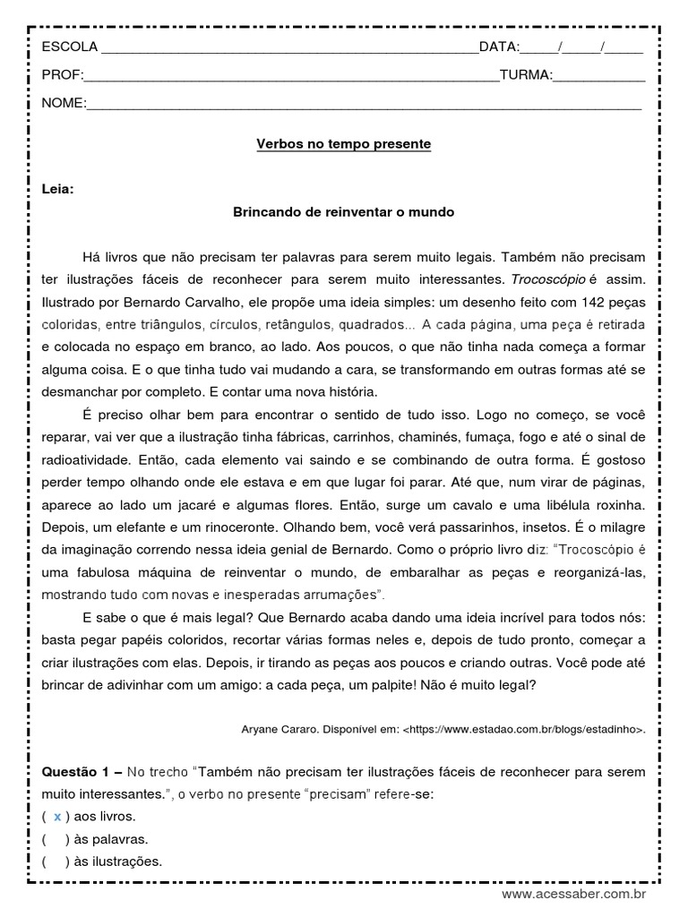Atividade de Portugues Verbos No Presente 7º Ano Respostas | PDF