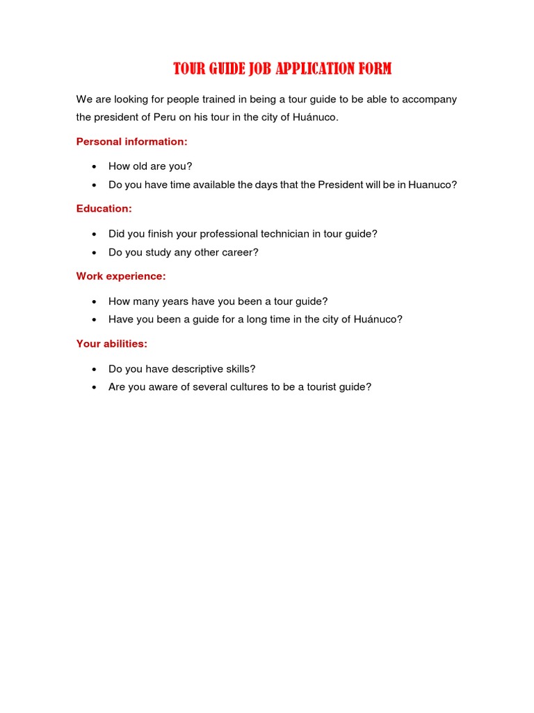 Tour Guide Job Application Form | PDF | Career & Growth | Social Science