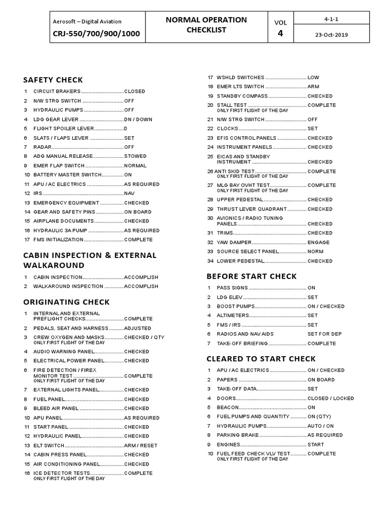 CRJ-900 Normal Operation Checklist | PDF | Aviation | Aircraft