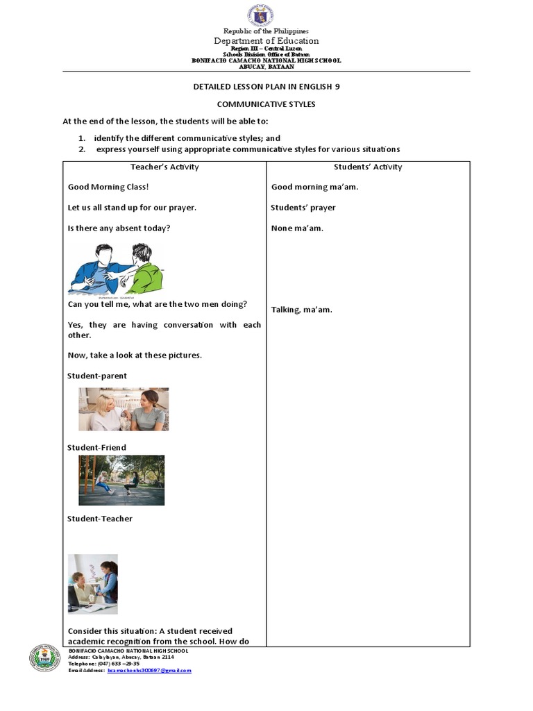 English 9 Lesson Plan: Communicative Styles | PDF | Conversation ...